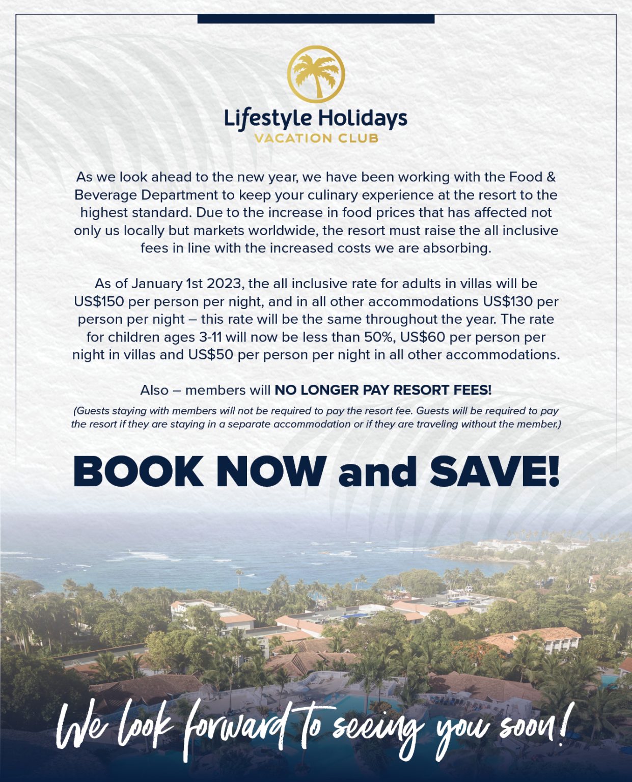 All-Inclusive Increase and Resort Fees Waived 2023 – Lifestyle Members